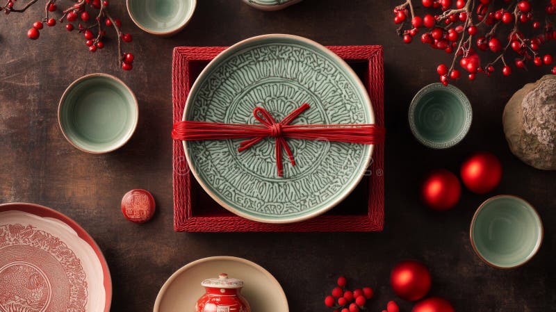 Elegant Green Plate Gift Set Festive Asian Decor Stock Illustration ...