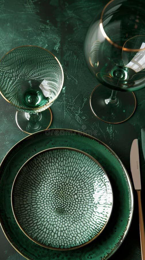 Elegant Green Table Setting with Wine Glass and Silverware Stock ...
