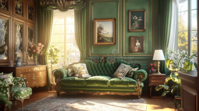 Elegant Green Victorian Living Room with Sunlight Stock Illustration ...