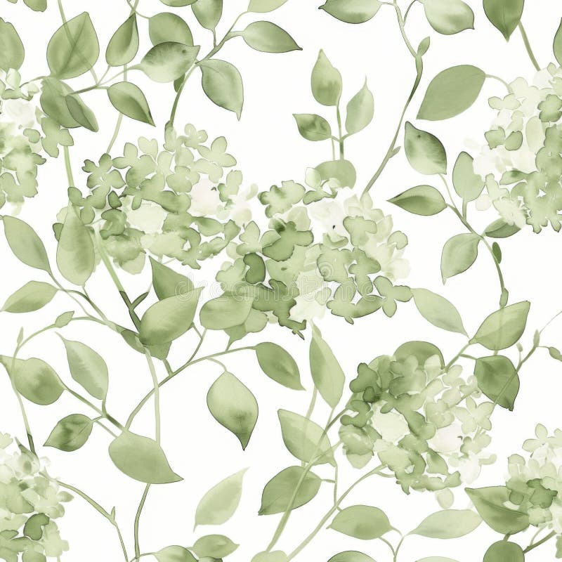Elegant Green Watercolor Hydrangea and Foliage Seamless Pattern Stock ...