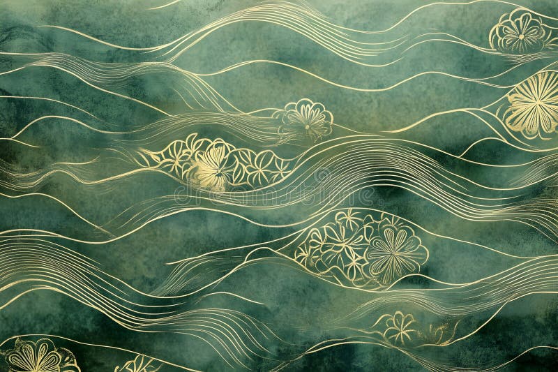 Elegant Green Wave Pattern with Gold Floral Accents Stock Image - Image ...