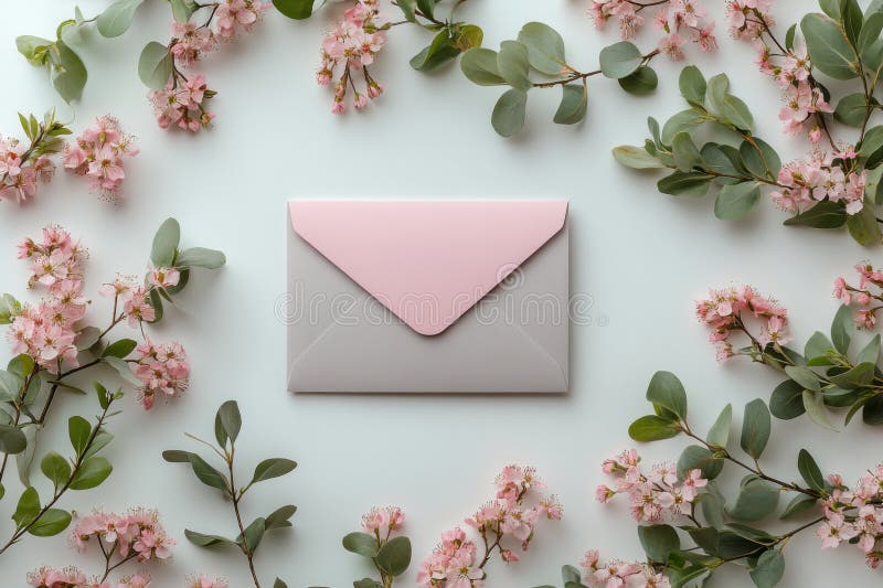 Elegant Grey and Pink Envelope with Delicate Spring Blossoms on White ...