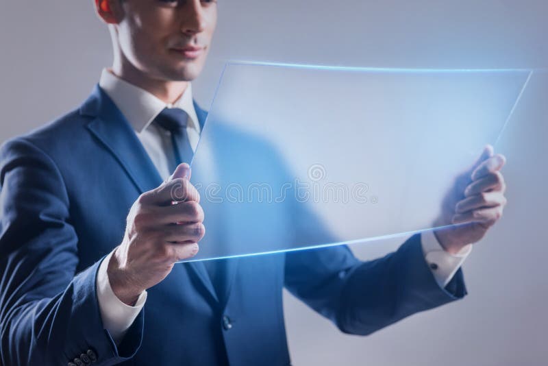 Elegant Guy is Holding Translucent Tablet Stock Photo - Image of chart ...