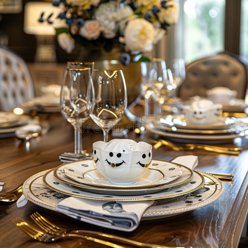 Elegant Halloween Table Setting with White and Gold Dinnerware ...