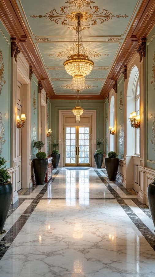 Elegant Hallway with Chandelier and Ornate Ceiling in Luxurious Mansion ...