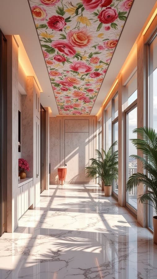 Elegant Hallway with Floral Ceiling, Marble Floor, and Panoramic ...