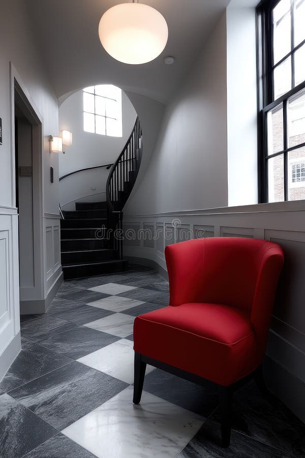 Elegant Hallway with Red Chair and Winding Staircase. Stock ...