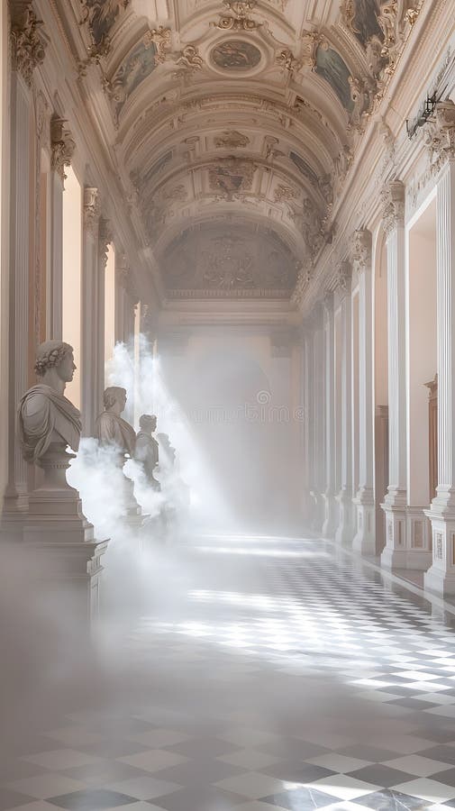 Elegant Hallway with Sculptures and Mist Stock Image - Image of ...