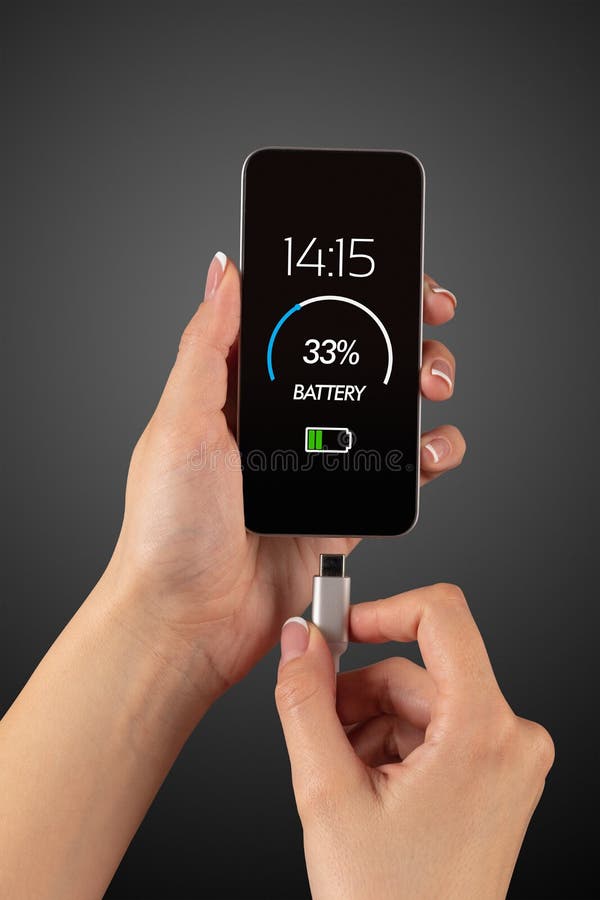 Hand Charging Phone with Low Battery Stock Image - Image of blue ...