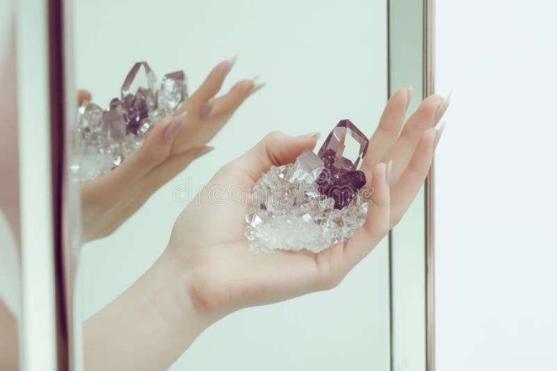 Elegant Hand Displaying Crystals Reflected in Mirror for Minimalistic ...