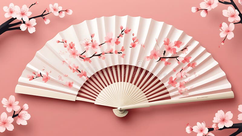 Elegant Hand Fan with Cherry Blossom Design on Pink Background Stock ...