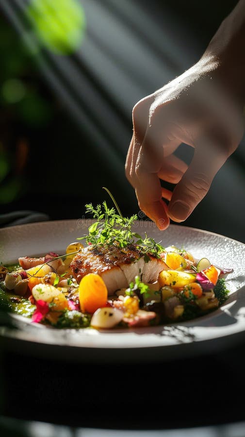 Elegant Hand Garnishing Gourmet Dish in Sunlight Stock Photo - Image of ...