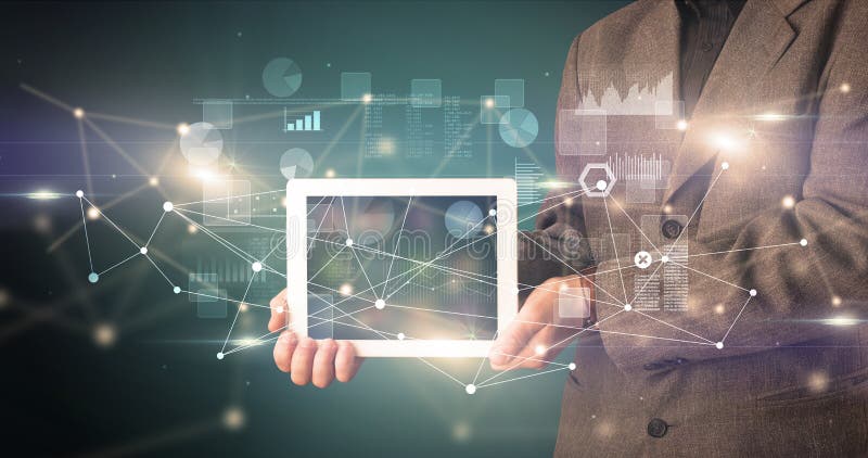 Hand Holding Tablet with Virtual Database Concept Stock Image - Image ...