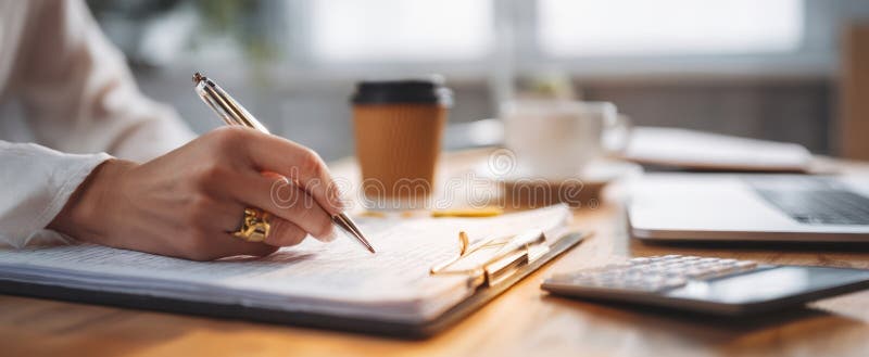 The Elegant Hand Writing Notes at a Contemporary Workspace with Coffee ...