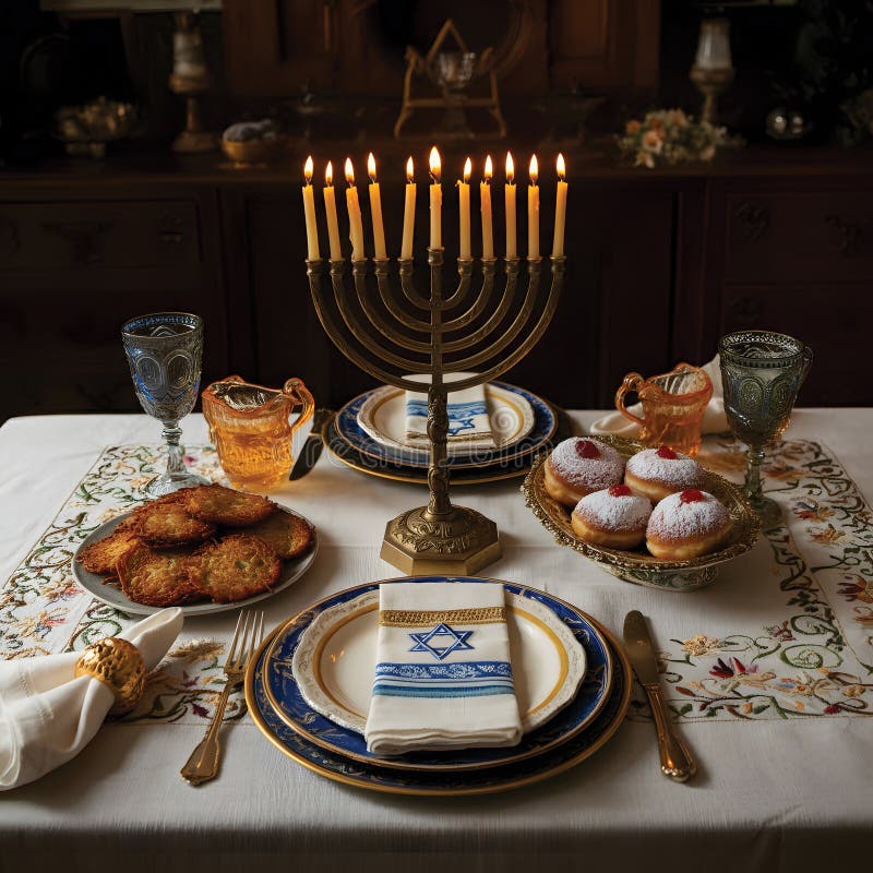 Elegant Hanukkah Table with Menorah and Treats. Stock Illustration ...