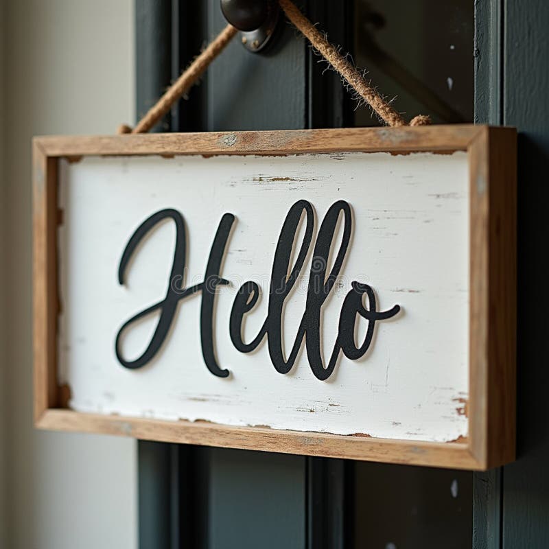 Elegant Hello Welcome Sign Hanging on Front Door Stock Illustration ...