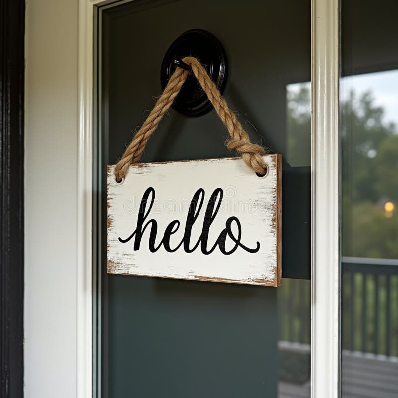 Elegant Hello Welcome Sign Hanging on Front Door Stock Illustration ...