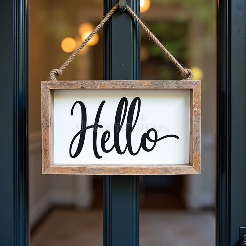 Elegant Hello Welcome Sign Hanging on Front Door Stock Illustration ...