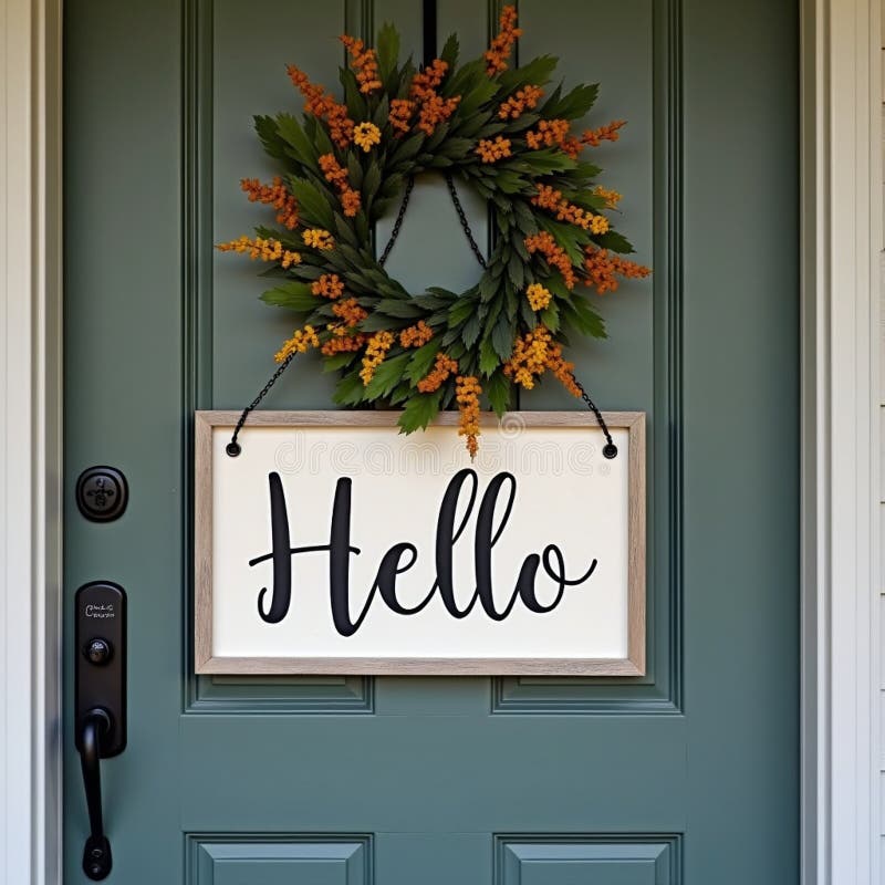Elegant Hello Welcome Sign Hanging on Front Door Stock Illustration ...