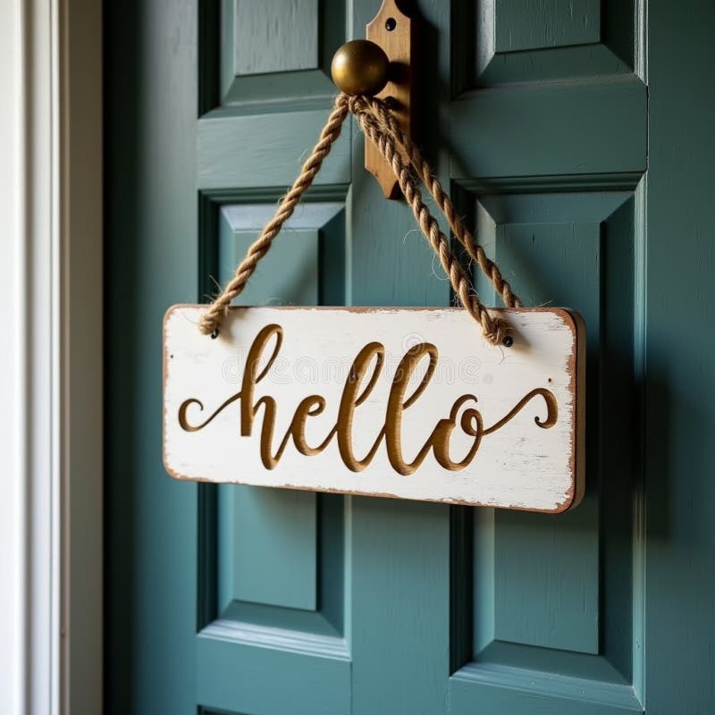 Elegant Hello Welcome Sign Hanging on Front Door Stock Illustration ...
