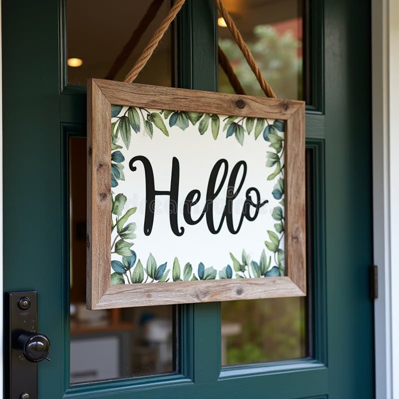 Elegant Hello Welcome Sign Hanging on Front Door Stock Illustration ...