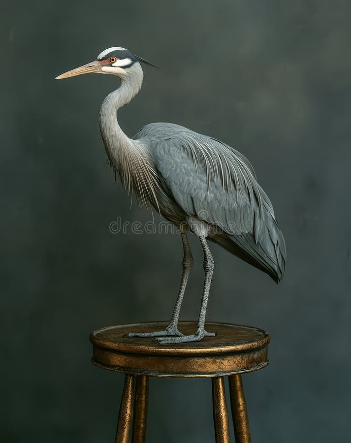 Elegant Heron Perched on a Stool with Muted Backdrop and Soft Light ...