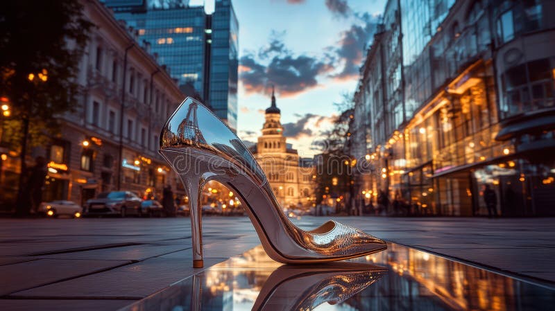 Elegant High-heeled Shoe on a Glossy Surface in an Urban Setting. Stock ...