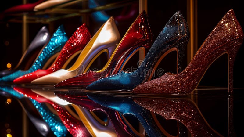 Elegant High Heels in a Row on Reflective Surface. Generative Ai Stock ...