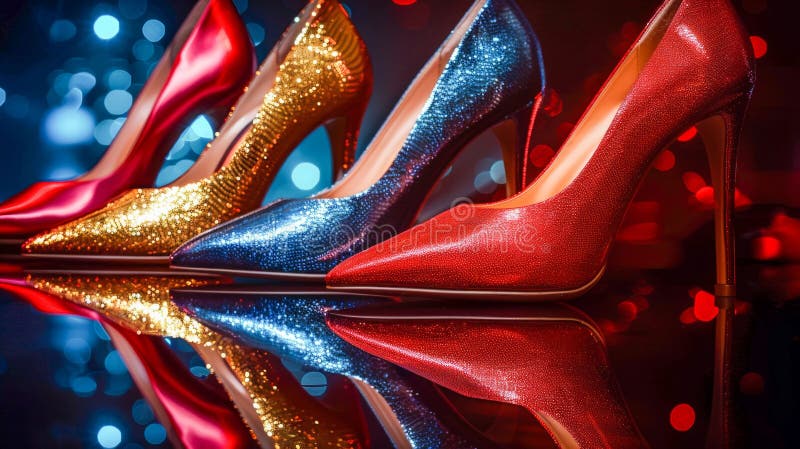 Elegant High Heels in a Row on Reflective Surface. Generative Ai Stock ...