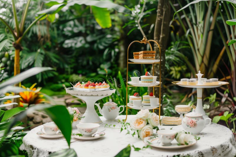 Elegant High Tea Setup in a Botanical Garden with Tiered Cake Stands ...