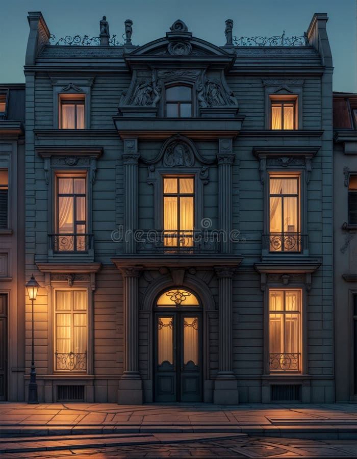 Elegant Historic Building Illuminated at Dusk with Warm Light Stock ...