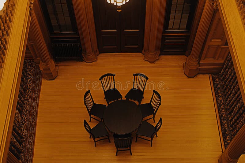 Elegant Historical Library with Circular Table and Wooden Chairs in ...