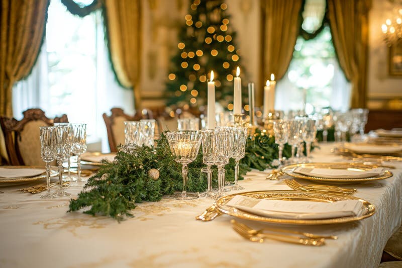 Elegant Holiday Dining Table with Crystal Glasses and Festive Decor ...