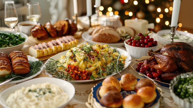 Elegant Holiday Dinner Spread with Turkey and Seasonal Sides Stock ...