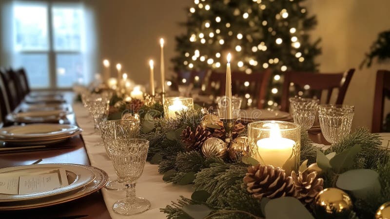 Elegant Holiday Dinner Table with Candlelight and Decorations in Cozy ...