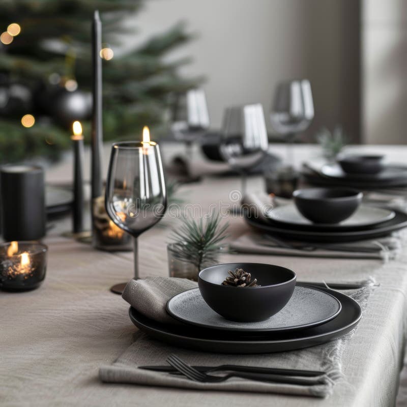 Elegant Holiday Dinner Table Setting with Black Dinnerware, Candles ...
