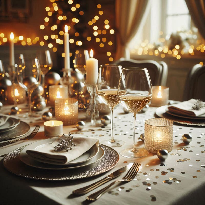 Elegant Holiday Dinner Table Setting with Sparkling Decor Stock ...