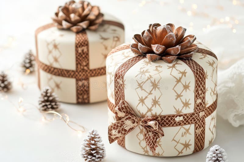 Elegant Holiday Gift Boxes with Pine Cones and Ribbon in a Festive ...