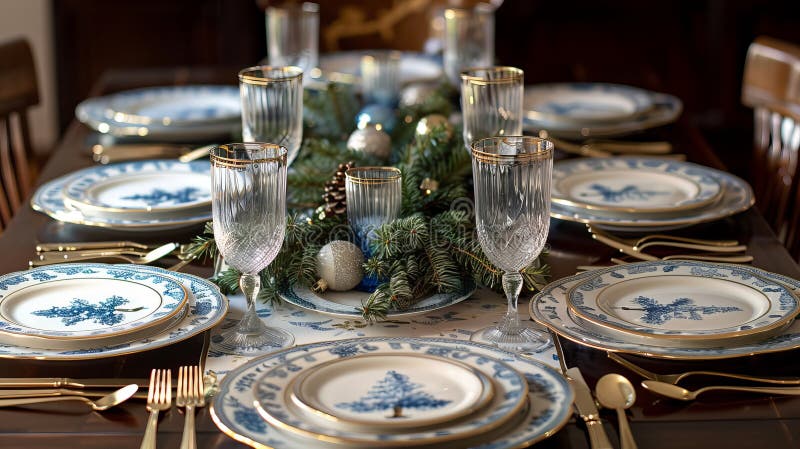 Elegant Holiday Table Setting with Blue and Gold Dinnerware Stock ...