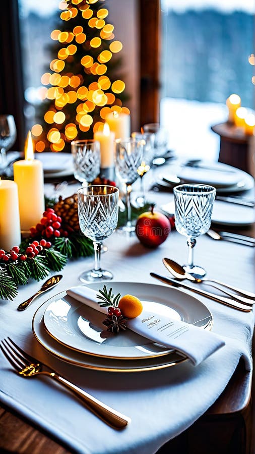 Elegant Holiday Table Setting with Candlelight and Festive Decor Stock ...