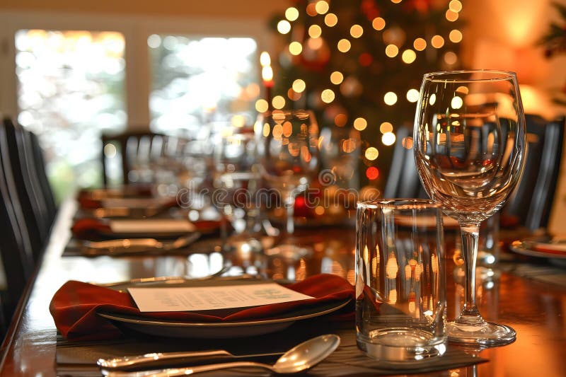 Elegant Holiday Table Setting with Festive Christmas Tree Lights in ...