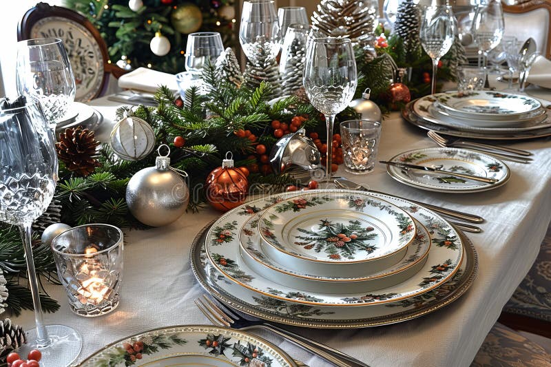 Elegant Holiday Table Setting with Festive Decor and Floral Stock ...