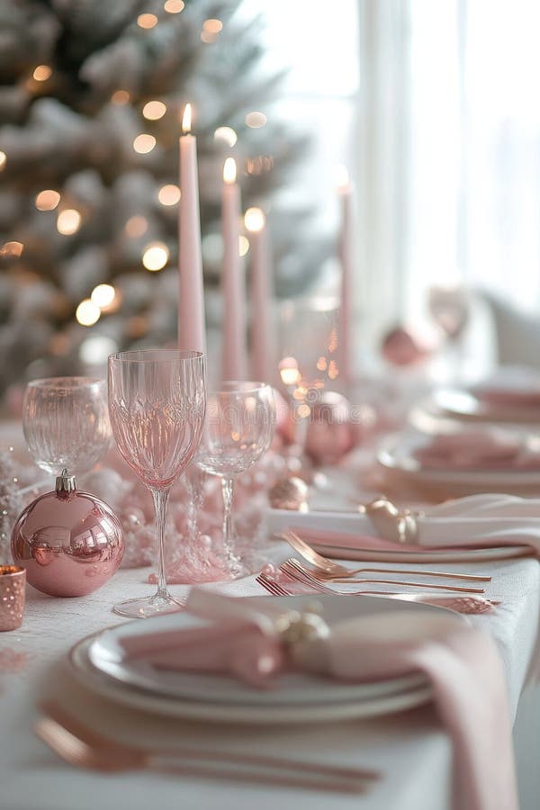 Elegant Holiday Table Setting in Soft Blush Pink with Sparkling Lights ...