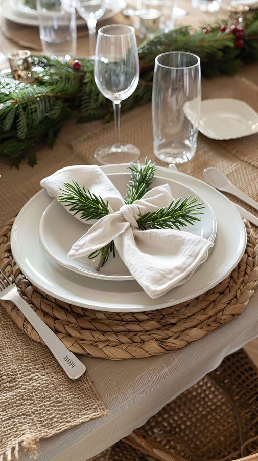 Elegant Holiday Table Setting with White Dishes and Natural Evergreen ...