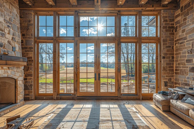 Elegant Home Interior with Construction Workers Installing Windows and ...