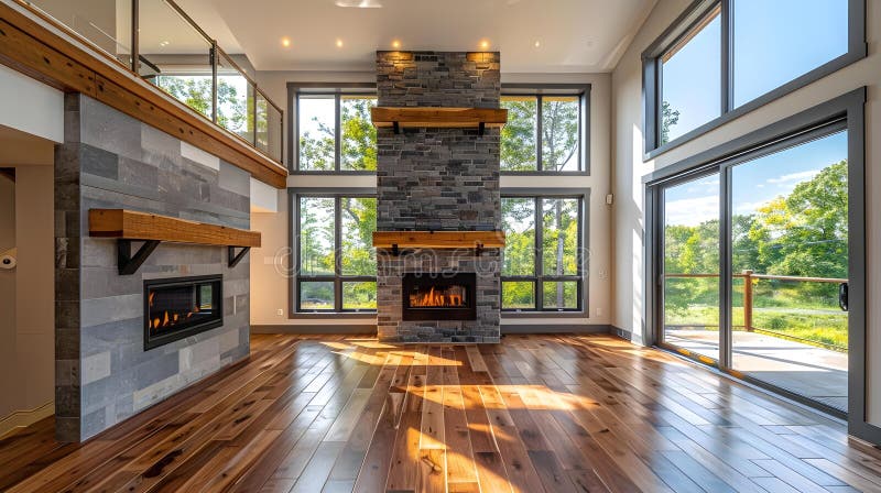 Elegant Home Interior with Fireplace and Panoramic Windows. Concept ...