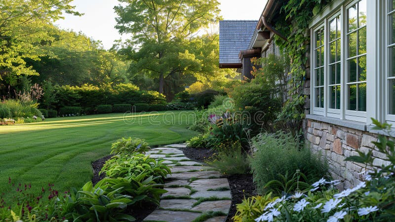 Elegant Home Landscape Design with Stone Pathway and Lush Greenery ...