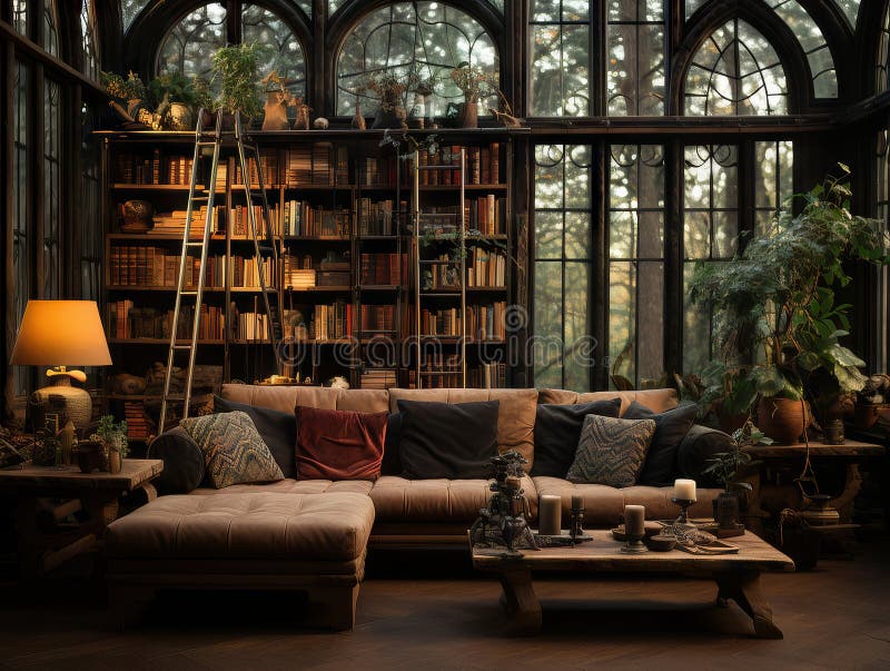 Elegant Home Library Interior with Lush Greenery and Cozy Seating Area ...