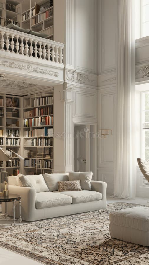 Elegant Home Library with Luxurious White Decor and Large Windows ...