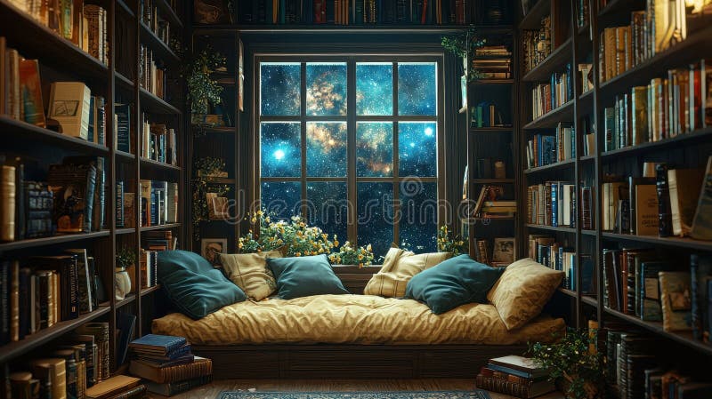 Elegant Home Library with a Window View of the Galaxy Symbolizing the ...